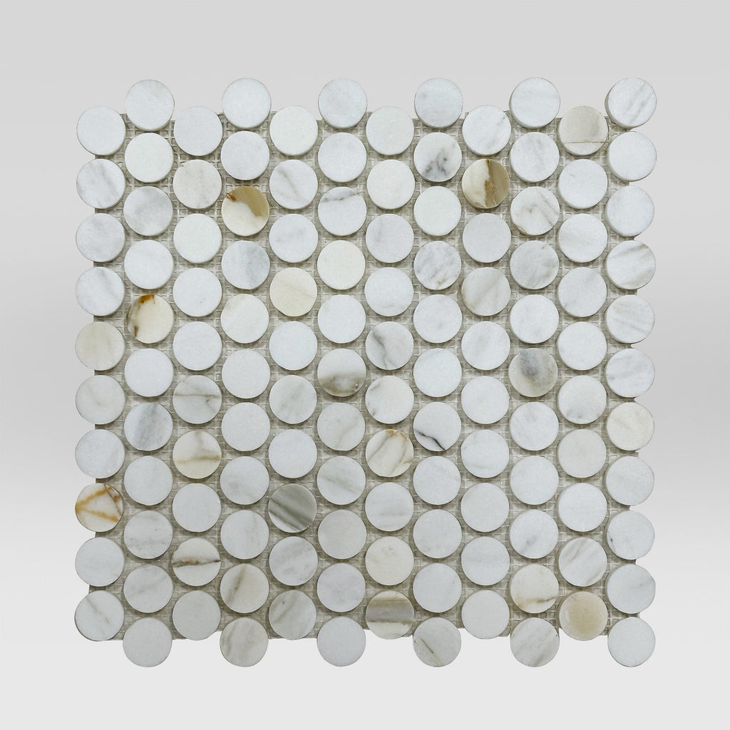 Calacatta Gold Honed 1" Penny Round Marble Mosaic - BigAppleMarble.com