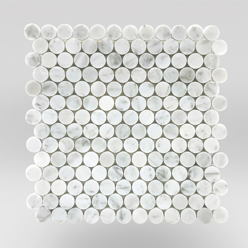 White Carrara Polished Penny Round Marble Mosaic - BigAppleMarble.com